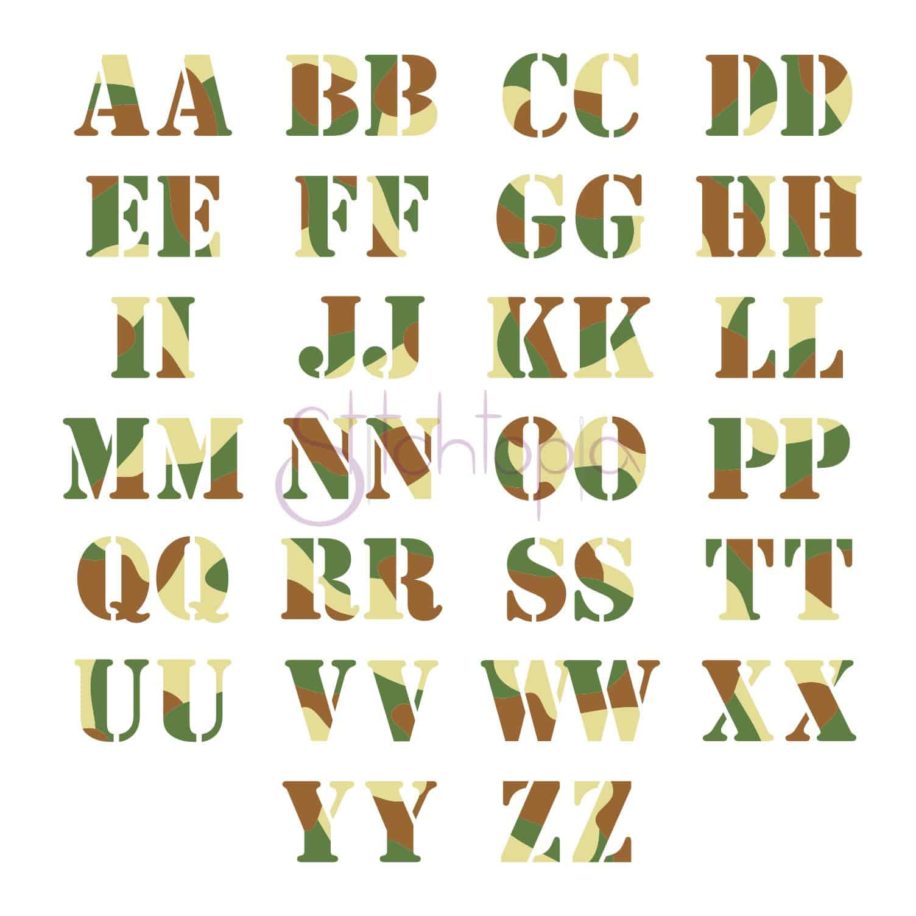 Camouflage embroidery alphabet Army filled embroidery font | Stitchtopia